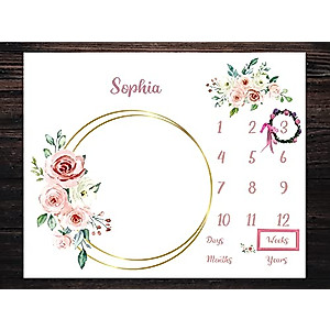 Farnodbaby Personalized Baby Milestone Blanket Girl Floral, Customized Milestone Blanket, Monthly Milestone Blanket, Baby Photo Prop Blanket, Custom Milestone Blanket, Baby Growth Age Chart