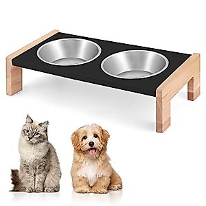 PEEKAB Raised Cat Bowls Elevated Small Dog Bowls,15°Tilted Raised Solid Wood Bowl Holder with 2 Stainless Steel Cat Bowls for Food and Water,Pet Bowls for Indoor Cats and Puppies Small Sized Dogs