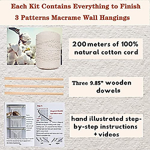 DIY Macrame Wall Hanging Kits, 3 Patterns Macrame DIY Wall Hangers for Beginners, Home Decor with 200 Meters Macrame Cord, 3 PCS Wooden Dowels and Instruction Booklet for Macrame Starters