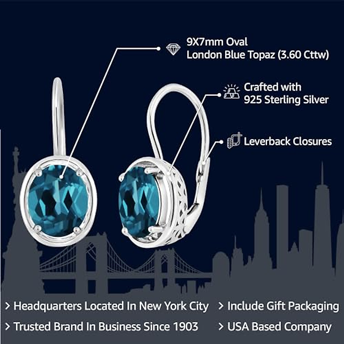 Gem Stone King 925 Sterling Silver London Blue Topaz Dangle Earrings For Women (3.60 Cttw, Gemstone Birthstone, Oval 9X7MM)