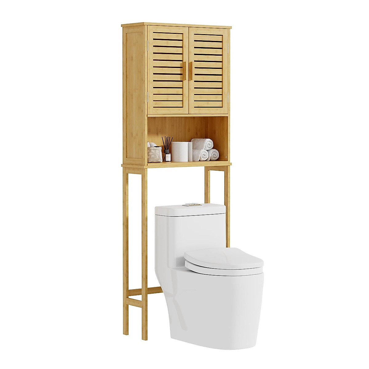 JoanKaren Over The Toilet Storage Cabinet,Bamboo Bathroom Cabinet with Adjustable Shelf and Doors,Freestanding Above Toilet Shelf for Bathroom,Space-Saving Toilet Rack