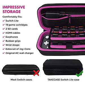 TakeCase Carrying Case Compatible with Nintendo Switch Lite - Includes Pouch That Fits Adapter/Charger, Accessories, and 16 Games Storage - Perfect for Travel - Pink/Black