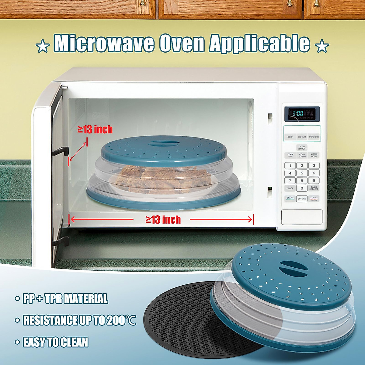 WENWELL Large Microwave Splatter Cover & Silicone Mat,12 Inchs Vented Collapsible Guard dish Plate lid & Round Kitchen mat for food