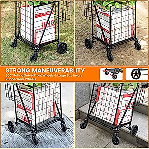[2023 Upgrade] Shopping Cart with 360°Swivel Wheels,Waterproof Liner, Double Basket,Portable Foldable Grocery Cart, Folding Utility Shopping Carts for Seniors,Groceries,Laundry,Transport