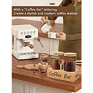 Glass Coffee Containers with Shelf Printed Coffee Bar- 2 Pcs 49oz BPA Free Coffee Storage Jars with Airtight Sealed Bamboo Lids Spoon, Kitchen Food Storage Jars for Coffee Beans & Powder, Sugar, Tea