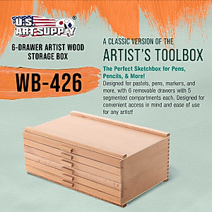 U.S. Art Supply 6 Drawer Wood Artist Supply Storage Box - Pastels, Pencils, Pens, Markers, Brushes