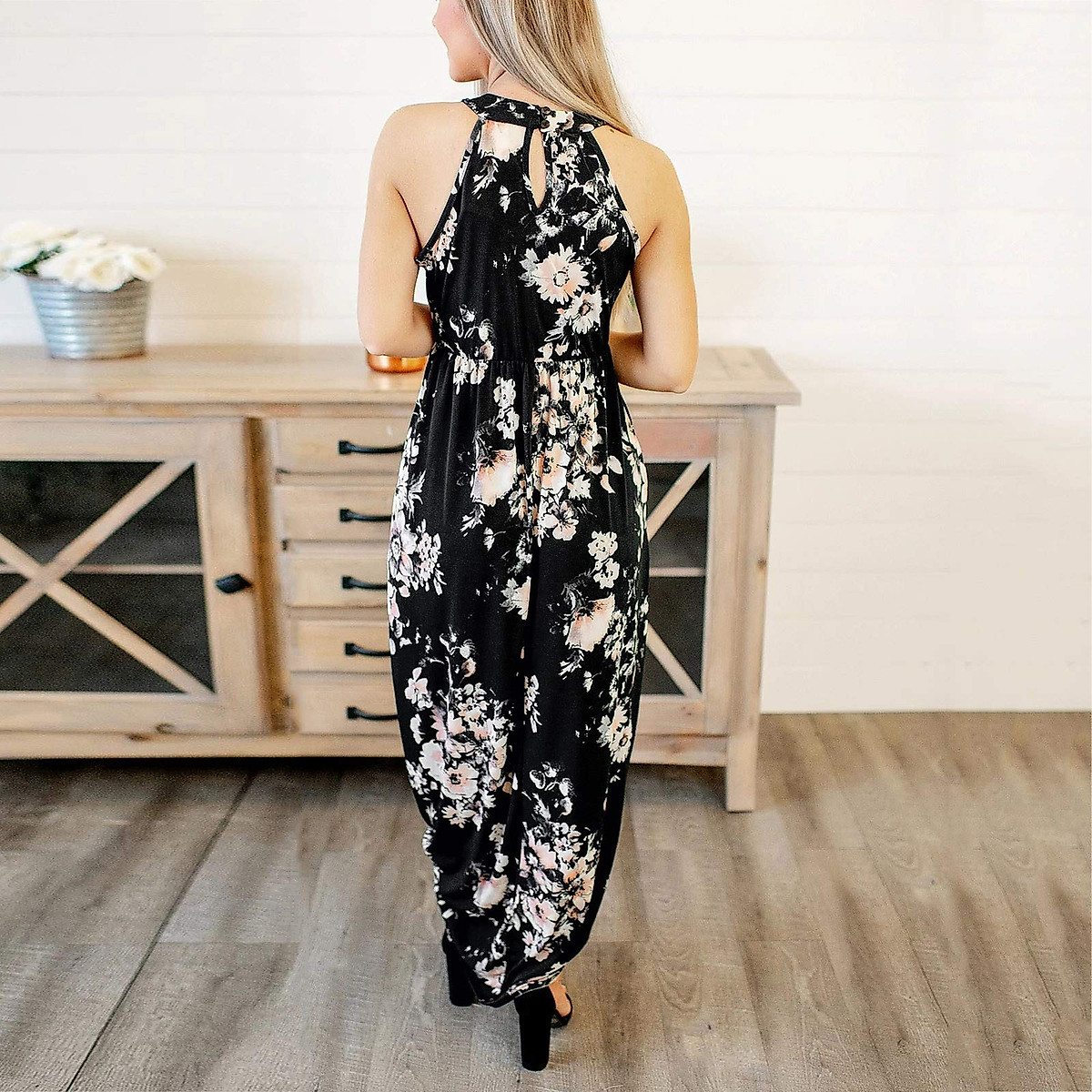 Padaleks Women's Casual Sleeveless O Neck Halter Dresses Loose Plus Size Summer Beach Retro Print Long Maxi Dress