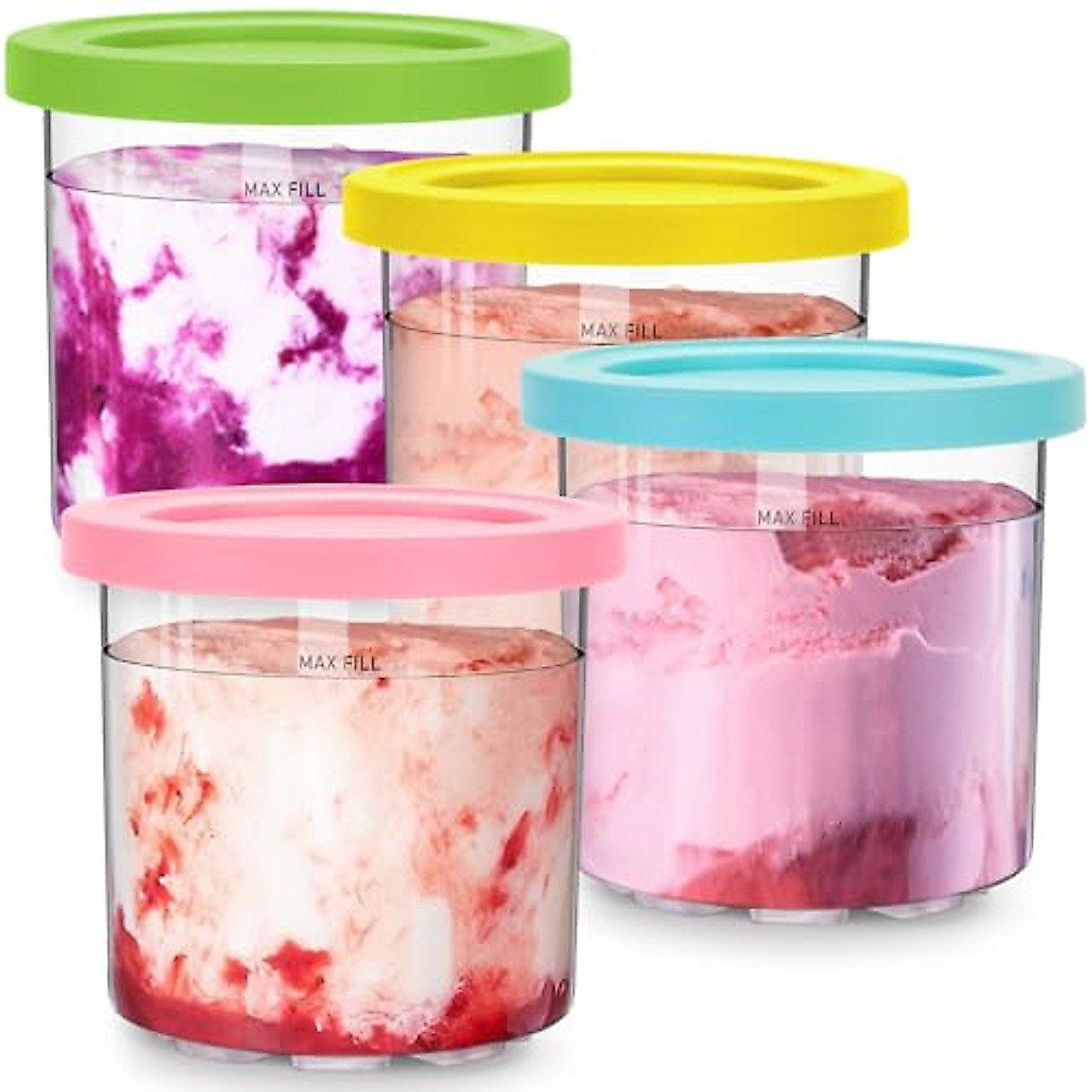 Aelfon Ice Cream Containers for Ninja Creami Pints and Lids 16oz Pint Containers 4Pack Extra Replacement Pints for Ninja Creami NC301, NC300, CN301CO, CN305A Ice Cream Maker(Yellow, Green, Pink, Blue)