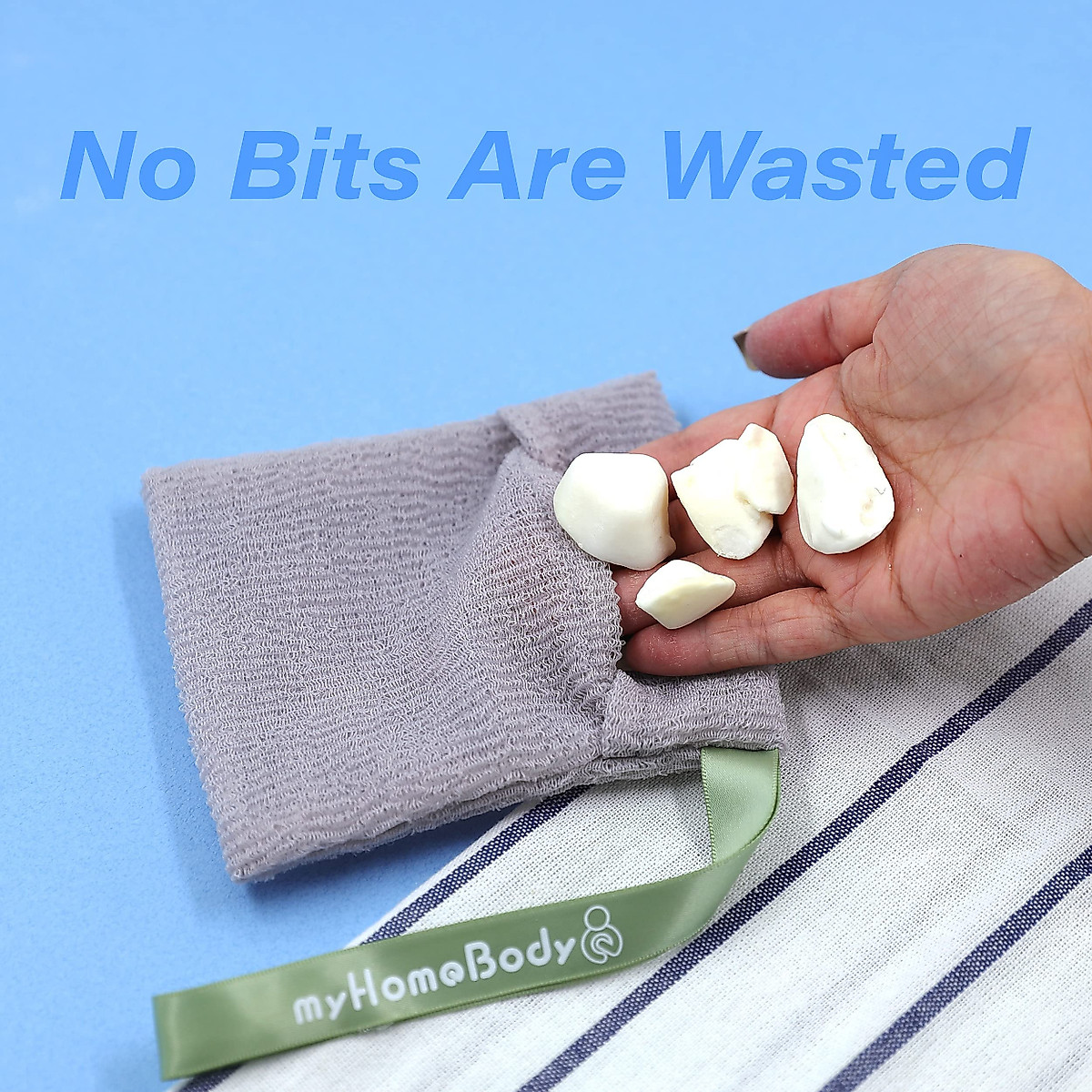 myHomeBody Soap Pocket Squares Exfoliating Soap Saver Pouch, Body Scrubber, Exfoliator Sponge for Bath or Shower, for 5oz Bar Soap or Leftover Bits, White Smoke, 3 Pack + 2 Soap Lifting Pads