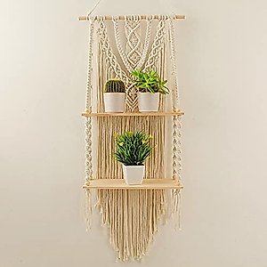 Macrame Wall Hanging Shelf - Boho Indoor Hanging Shelves for Wall - Decorative Bohemian Floating Plants Room Storage Shelving Macrame Rope Decor Organizer Rack, 2 Tier Indoor Handmade Plant Shelves