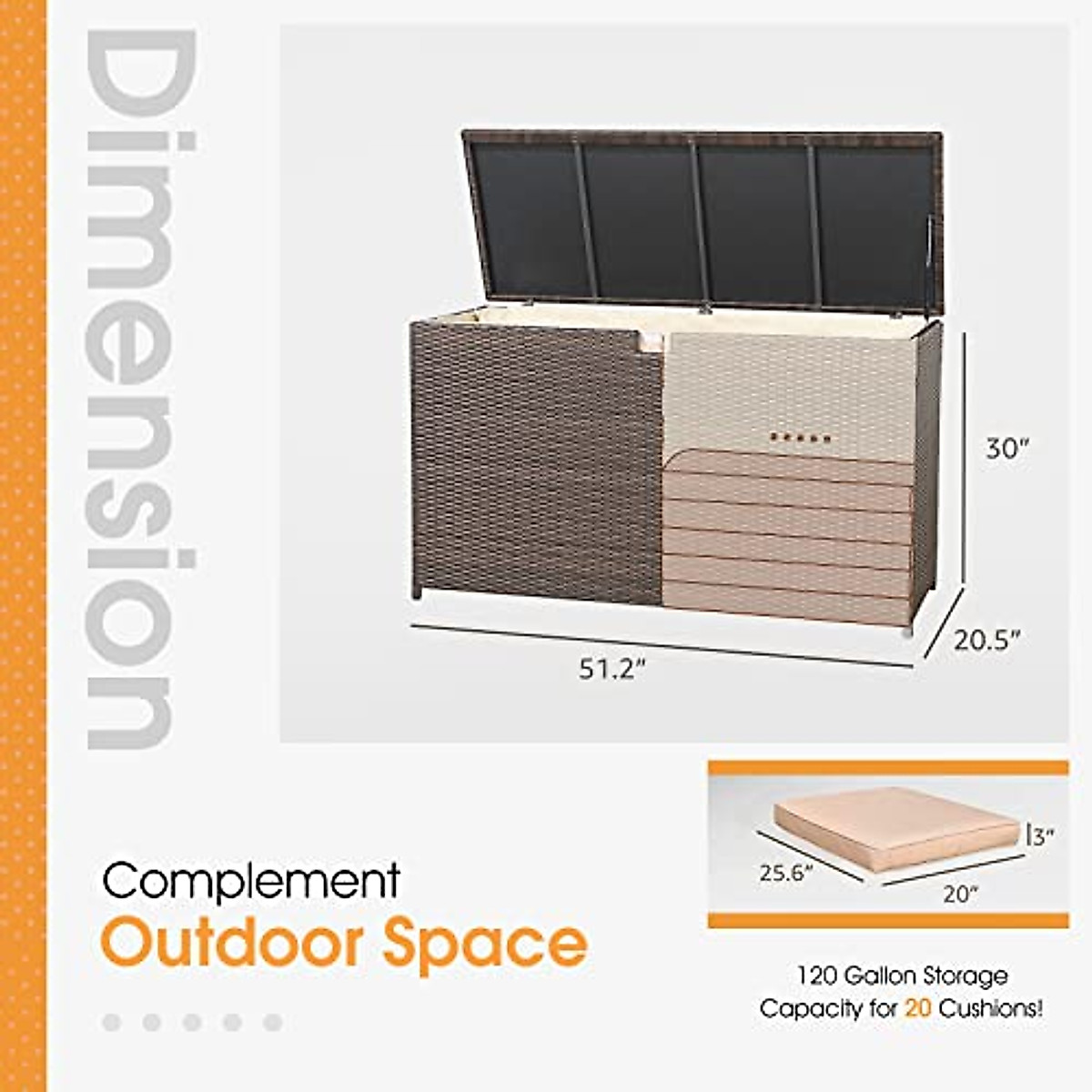 Patiorama Outdoor Wicker Storage Box, Garden Deck Bin with Aluminum Frame, Patio Cushion Storage, Brown Wicker Rattan Pool Storage Box, Water-Resistant Liner, 120 Gallon