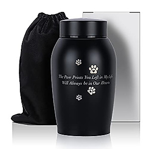 Pet Urn, JOFUNG Metal Cremate Funeral Urn for Dog/Cat ashes,Paw Print keepsake，Laser Engraving, Thread Design on The Top,Black Paw Print