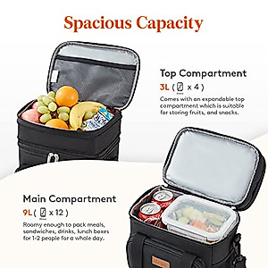Lifewit Lunch Box for Men Women Double Deck Lunch Bag, Large Insulated Soft Cooler Bag, Leakproof Soft Meal Prep Lunch Tote with Shoulder Strap for Adults for Work/Flight/Travel, 12L/16Can, Black