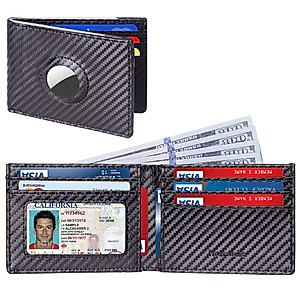 Hawanik Mens Bifold Wallet For AirTag, Slim RFID Blocking Wallet with Built-in Holder for AirTag Carbon Fiber Texture