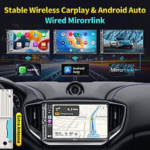 PLZ 7" Wireless Double Din Car Stereo Apple Car Play Radio Carplay Android Auto QLED Touch Screen, Bluetooth 5.3 Audio Receivers, 1080P Backup Camera, 4.2 Channel Outputs 240W, 2 Subwoofer, FM/AM, SWC