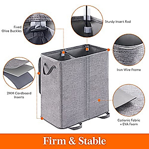 Lifewit Double Laundry Hamper with Lid and Removable Laundry Bags, Large Collapsible 2 Dividers Dirty Clothes Basket with Handles for Bedroom, Laundry Room, Closet, Bathroom, College, Grey