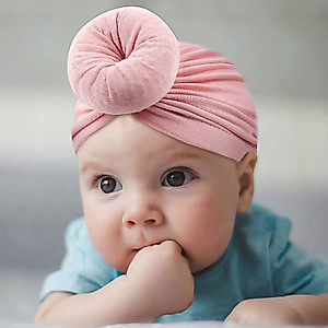 8 Pack Solid Green Blue Red Pink Gray Large Donut Ball Knot Bow Cotton Beanie Turban Hat Cap India Muslim Islamic Headwrap Winter Hospital Nursery for Newborn Baby Girl Infant Toddler Kids
