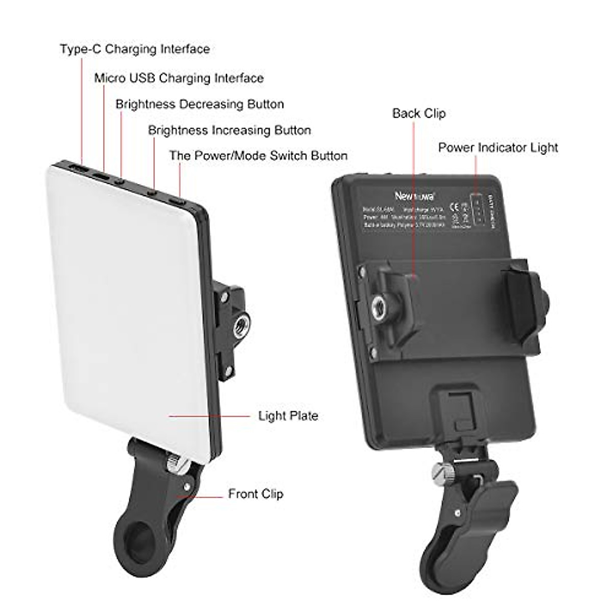 Newmowa 60 LED High Power Rechargeable Clip Fill Video Light with Front & Back Clip, Adjusted 3 Light Modes for Phone, iPhone, Android, iPad, Laptop, for Makeup, TikTok, Selfie, Vlog, Video Conference