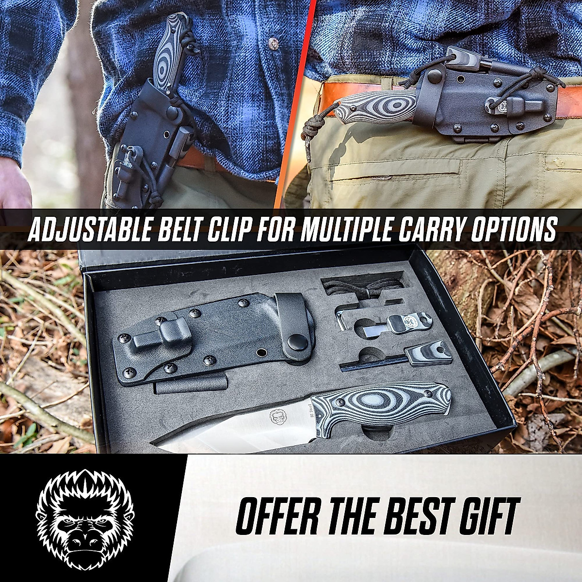 D2 Damascus Steel Survival Knife Gift Set and Large D2 Damascus Steel Hunting Knife Bundle