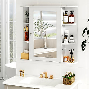 SUNLEI Bathroom Cabinet Wall Mounted with Mirror Door, Over The Toilet Storage Cabinet with Doors and Shelves, Bathroom Medicine Cabinets with 6 Open Shelves for Bathroom Organizer or Laundry(White)
