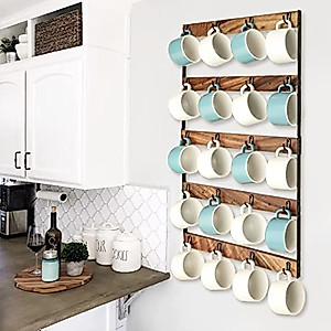 Aomomery Coffee Mug Rack,Rustic Coffee Mug Holder Wall Mount,Walnut Coffee Cup Holder with 20 Mug Organizer Hooks,Large 5-Tier Mug Display for Kitchen