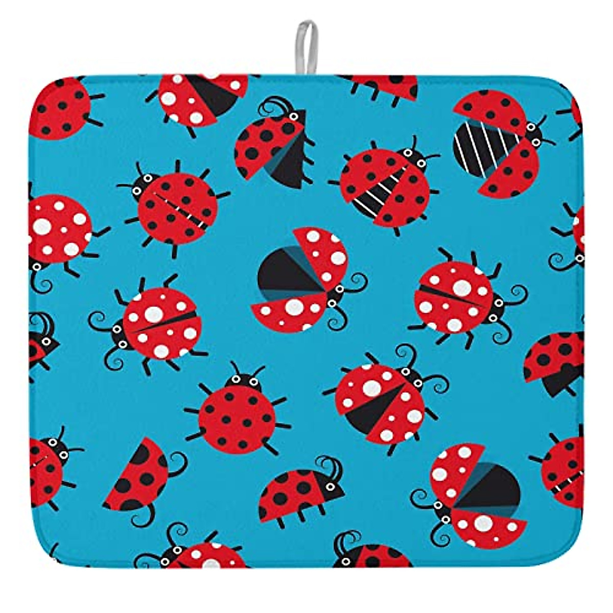 Dish Drying Mat for Kitchen Counter Absorbent Quick Drying Mat, Cute Ladybug Red Black Carapace Insect Dense Animal Blue Microfiber Drying Pad Countertop Protector, Easy to Hang- 16 x 18