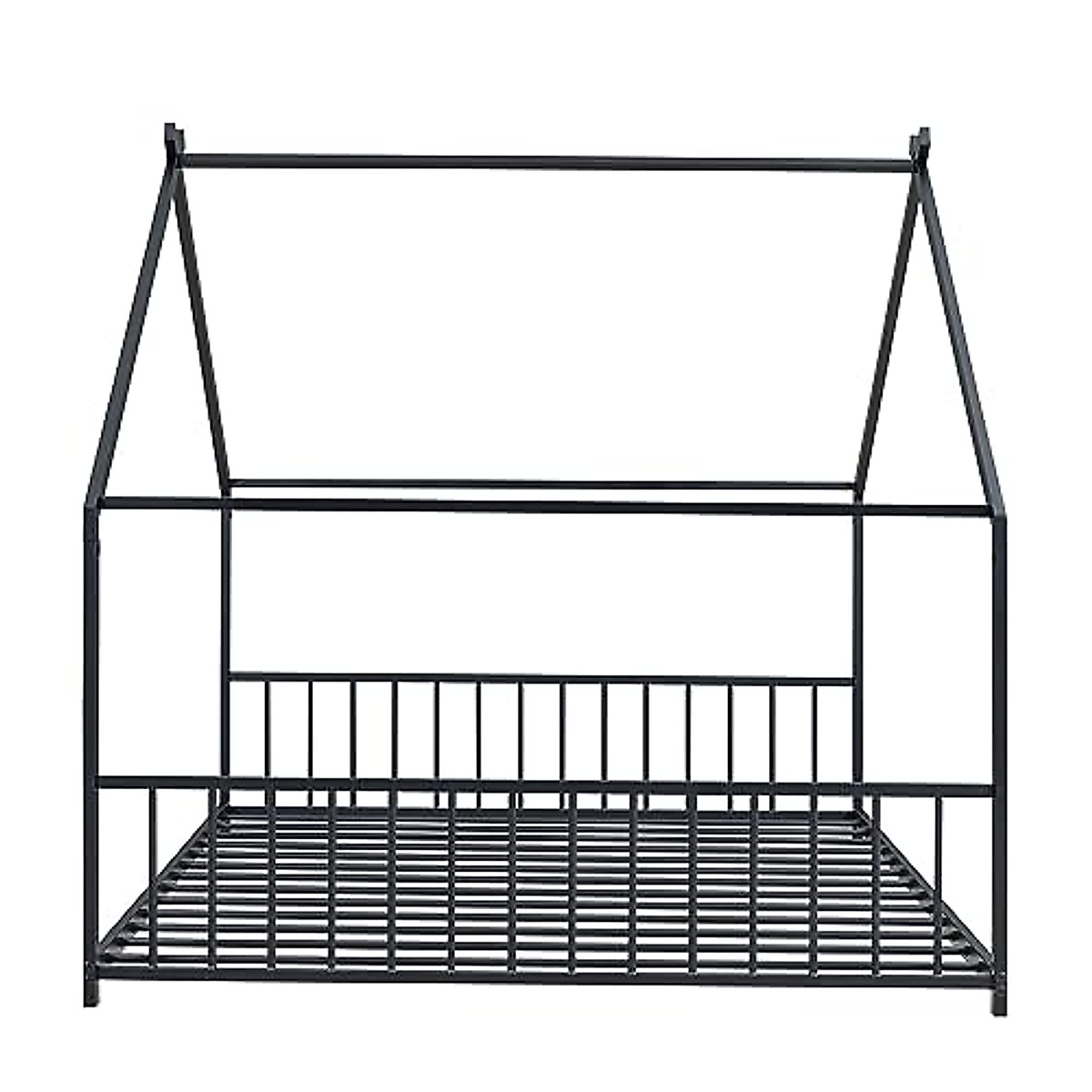SIYSNKSI Full Size House Bed, Metal Floor Bed Frame with Roof and Sturdy Slat Support, Platform Bed for Kids Teens Girls Boys Bedroom Furniture, No Box Spring Needed (Black + Metal-C36)