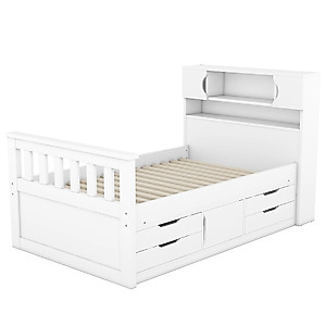 Merax Twin Size Bed Frames with Bookcase Headboard,Kids Wooden Platform Bed with 4 Drawers,White Captain Platform Bed with Storage Underneath
