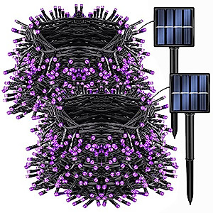 Dazzle Bright 2 Pack 200 LED 66 FT Halloween Solar String Outdoor Lights, Solar Powered with 8 Modes Waterproof Christmas Lights for Bedroom Patio Garden Tree Party Yard Decoration (Purple)