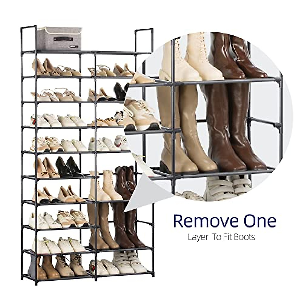 HODYANN 10 Tiers Shoe Rack, 40 Pairs Shoe Rack Organizer, Space Saving Non-Woven Fabric Large Metal Shoe Shelf, Stackable Shoe Rack for Closet, Black (Black10-D)