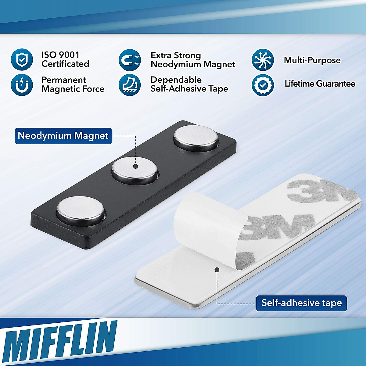 Mifflin-USA Name Tag Magnets (100 Magnets, 1.75 x 0.5 inches), Name Tag Magnet Backs w/ 3 Extra-Strong Neodymium Magnets for ID Badge Holders