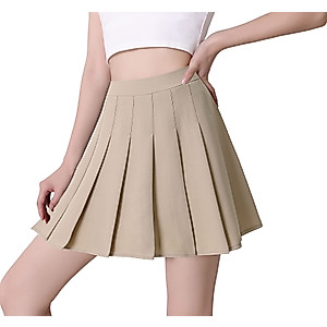 Hoerev Beige Mini Plaid Pleated Skater Tennis School Uniform Skirt with Lining Shorts,US 2
