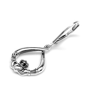 Silvershake 925 Sterling Silver Irish Claddagh Drop Shape Dangle Leverback Earrings