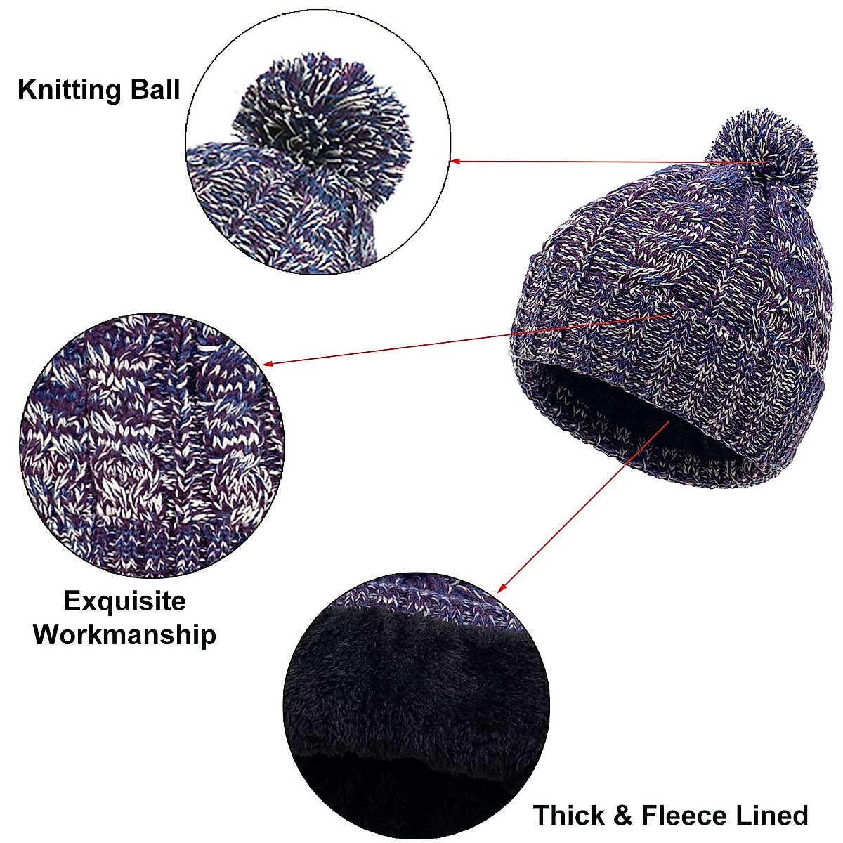 Winter Hat Scarfs & Gloves Set for Women Warm Knit Beanie Hat Long Neck Scarves Touchscreen Gloves Cold Weather Gear(Purple)