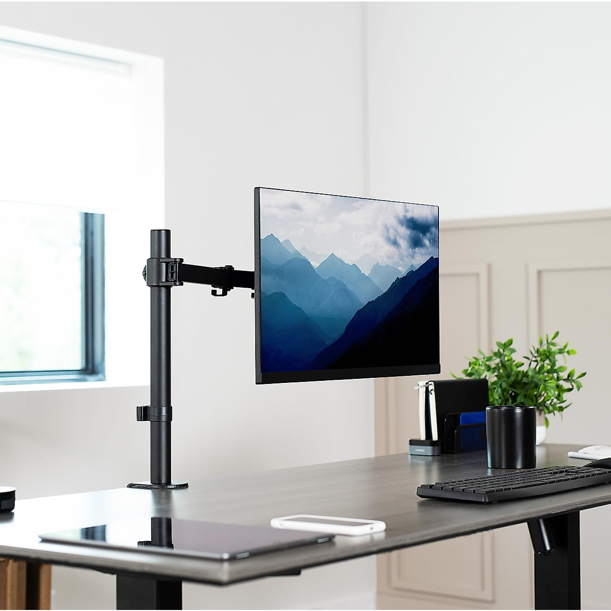 VIVO Single Monitor Arm Desk Mount, Holds Screens up to 32 inch Regular and 38 inch Ultrawide, Fully Adjustable Stand with C-Clamp and Grommet Base, VESA 75x75mm or 100x100mm, Black, STAND-V001
