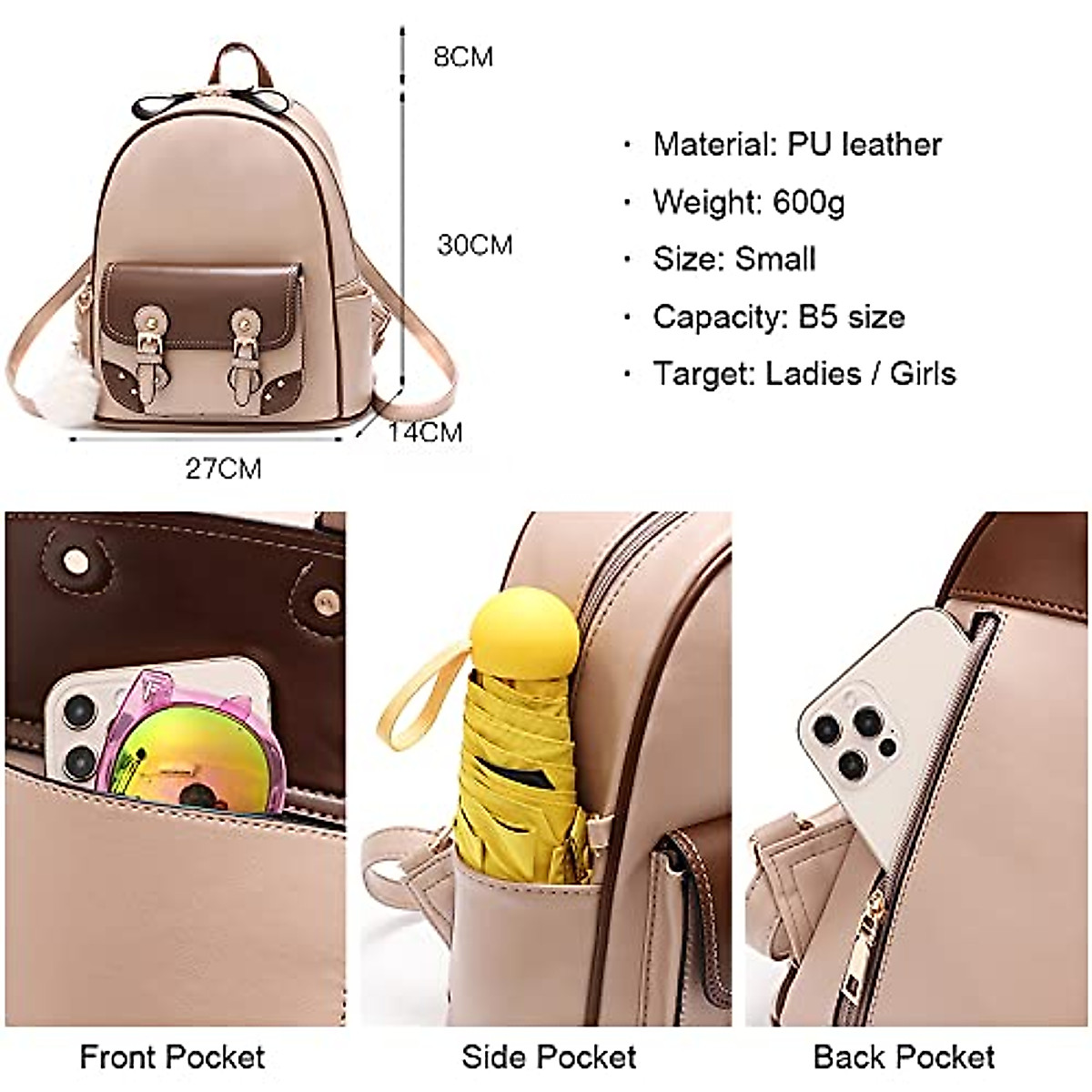 Backpack for Women Small Cute Leather, Mini Rucksack Fashion Travel for Teen Girls, khaki, Small
