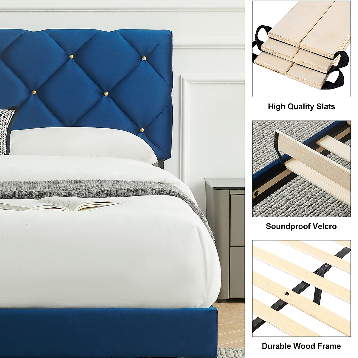 AsKmore Queen Size Bed Frame,Velvet Upholstered Platform with Headboard and Strong Wooden Slats,Non-Slip and Noise-Free,No Box Spring Needed, Easy Assembly,Navy Blue