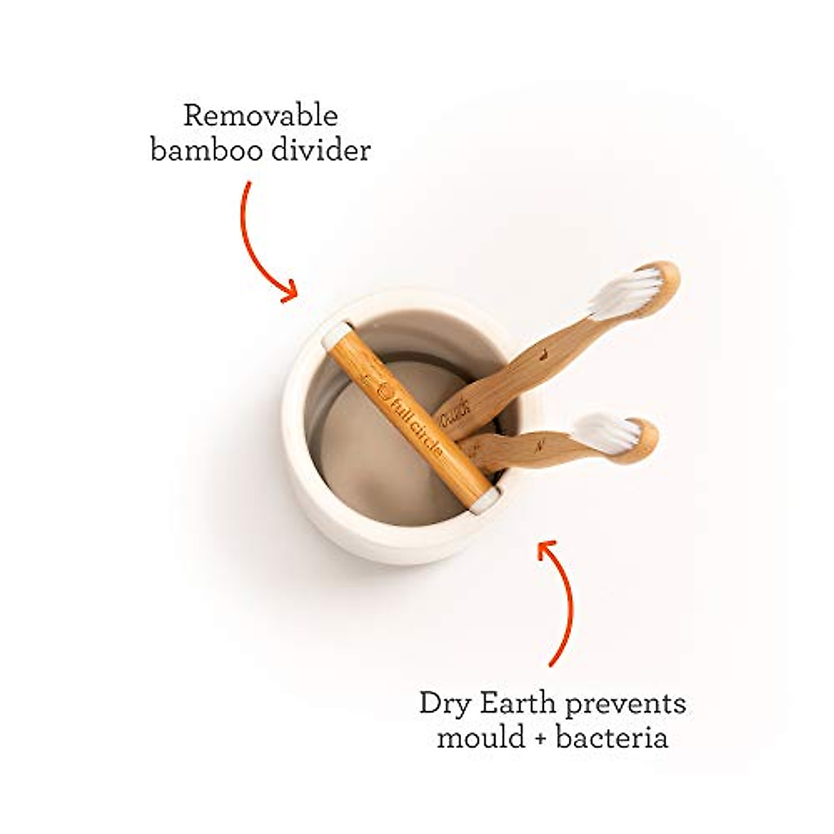 Full Circle Keep It Clean Ceramic & Bamboo Toothbrush Holder, White, Dry Earth Disk