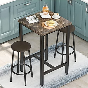 AWQM 3 Piece Dining Table Set Bar Table and Chairs Set for 2 Faux Marble Kitchen Counter Height Dining Table Set with 2 Padded Stools 3-Piece Modern Pub Table Set, Marble Brown, 23.6"