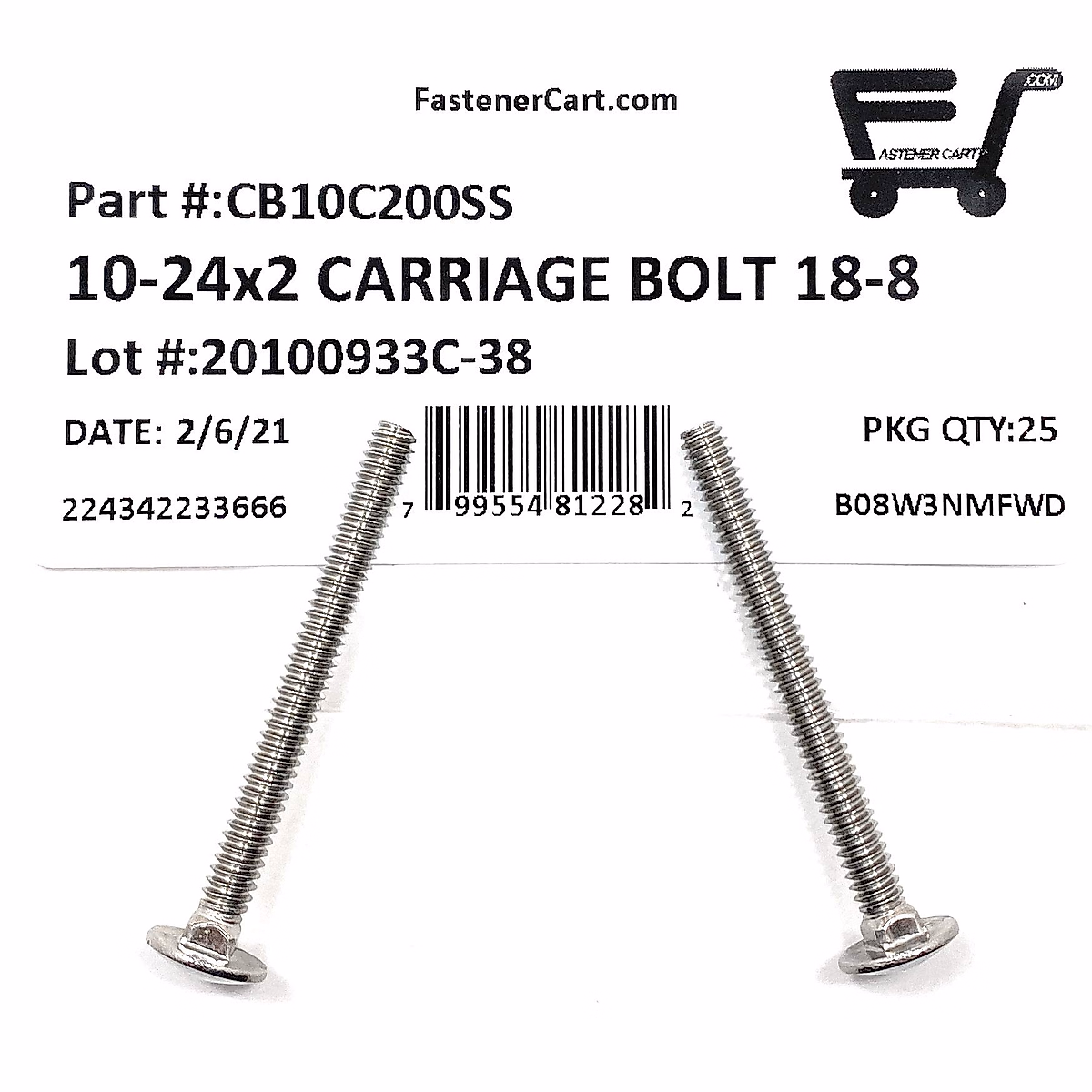 10-24x2 Carriage Bolts Stainless Steel 18-8 (25 Pieces)