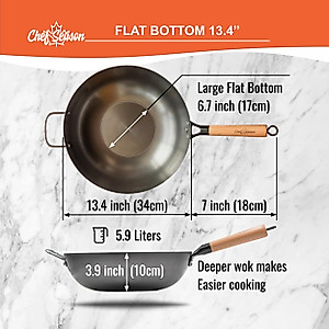 ChefSeason Carbon Steel Wok - 13.4" Flat Bottom Wok for Stir-Frying - Large Uncoated Pre-Seasoned Chinese Wok - fits Electric, Induction, and Gas Cooktops - Free Shopping Bag