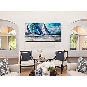 Arjun Blue Abstract Wall Art Canvas Teal Ocean Sailboat Picture Modern Turquoise Coastal Nautical Painting Large 48"x24" Framed Textured Artwork for Living Room Bedroom Bathroom Home Office Wall Decor