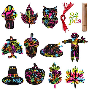 Hohomark Thanksgiving Scratch Off Cards - 24PCS Thanksgiving Crafts for Kids DIY Rainbow Scratch Paper for Thanksgiving Party Thanksgiving Arts and Crafts for Kids