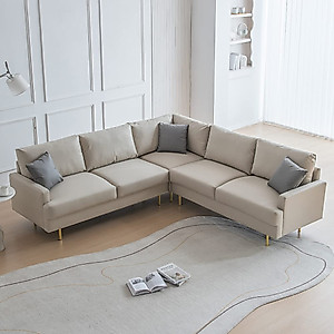 WILLIAMSPACE 89.8" Sectional Sofa Couch for Living Room, Modern Leather L-Shaped 5 Seat Sofa Corner Couch with Pillows, Upholstered Sofa with Gold Metal Legs for Home Office (Technical Leather, Beige)