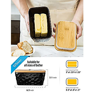 Large Butter Dish with Lid for Countertop Porcelain Butter Container with Knife Double Silicone Seal Butter Dishes with Covers Perfect for West or East Coast Butter, Unique Stone Pattern Black