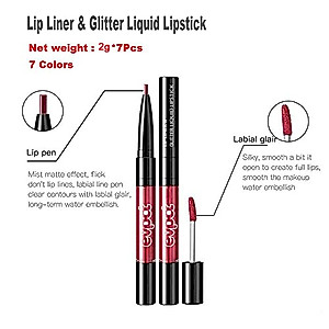 evpct 7Pcs Pink Red Glitter Matte Lip Liner and Liquid Lipstick Set Kit Long Lasting, Matte to Lip Glitter Metallic Dark Red Sparkle Sparkly Glossy Permanent Liquid Lipsticks Lip Gloss Set for Women