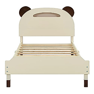 Prohon Wood Bed Frame Twin Size with Bear-Shaped Headboard & Motion Activated Night Lights, Platform Bed with 7.9" Underbed Storage, Cute Bedframe for Kids Boys Girls, No Box Spring Needed, Cream