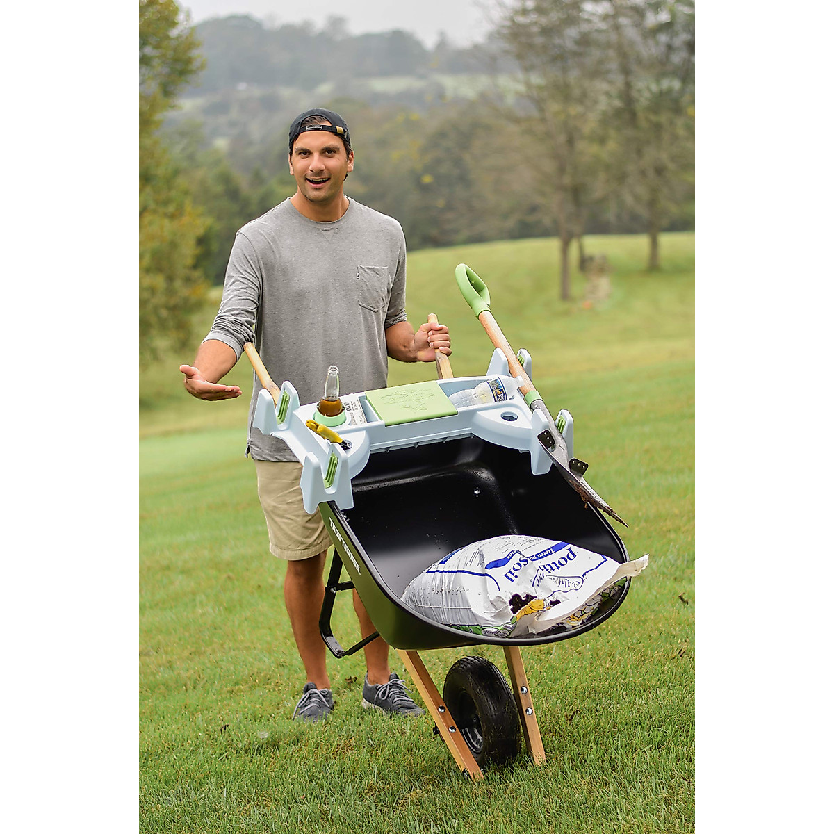 The Burro Buddy, USA Made Lawn/Garden Tray for All 4-6 cu. ft. wheelbarrows. Holds rake, Shovel, Short Handle Tools, Drinks & Water Tight Storage for Phone. Wheelbarrow not Included. Great Gift!