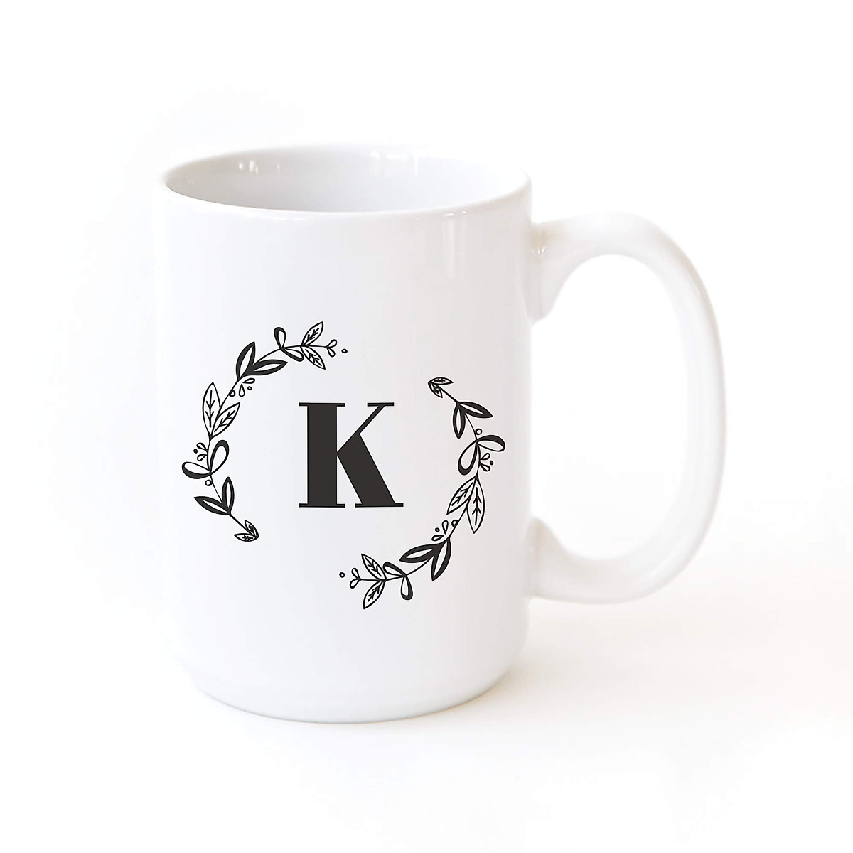 The Cotton & Canvas Co. Botanical Personalized Monogram Initial Letter K Coffee Mug Porcelain Ceramic Coffee Mug. For Her, For Him