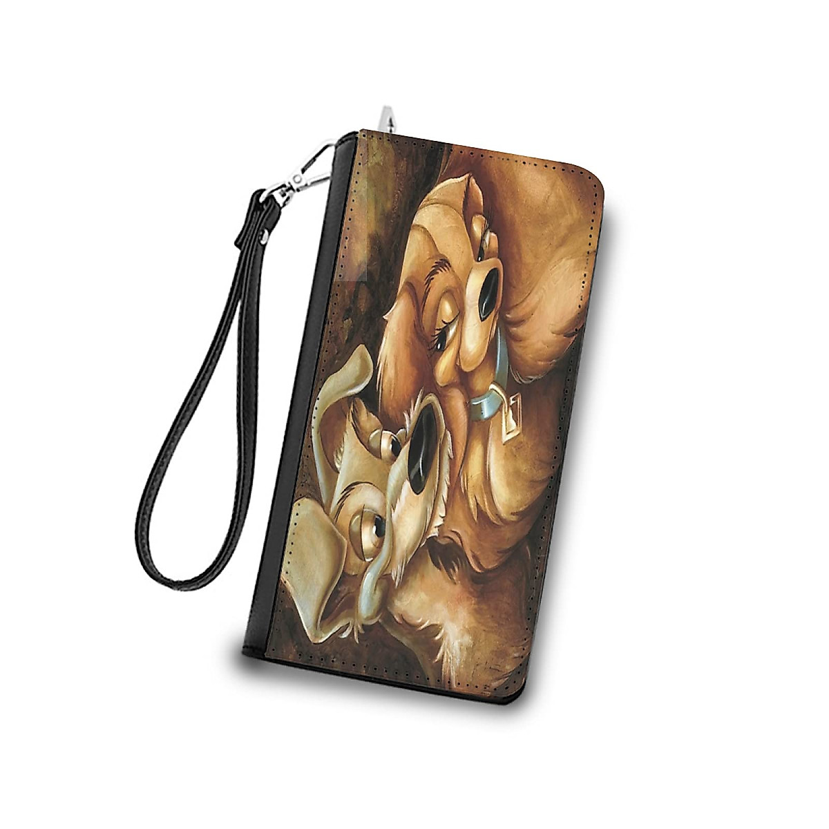 Wallets for Women,Dog Painting The Tramp and Lady,Genuine Leather Credit Card Holder with RFID Blocking Large Capacity Wristlet Coin Purse, Black 12, One Size